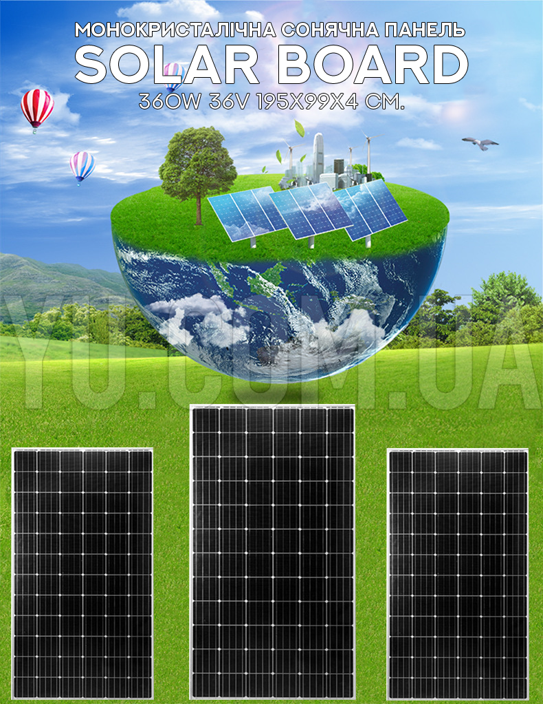 Монокристалічна сонячна панель Solar board 360W 36V 195x99x4 см ...